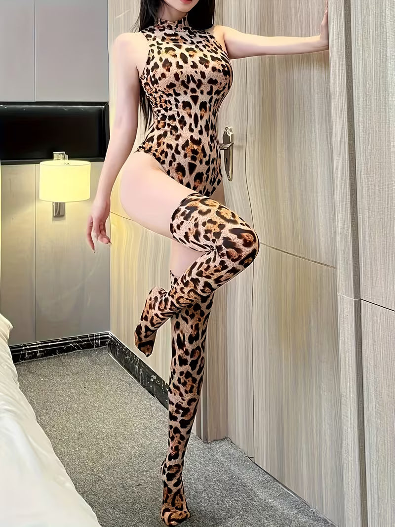 Leopard Print Turtleneck Bodysuit Set – Sculpting Fit with Leggings ...